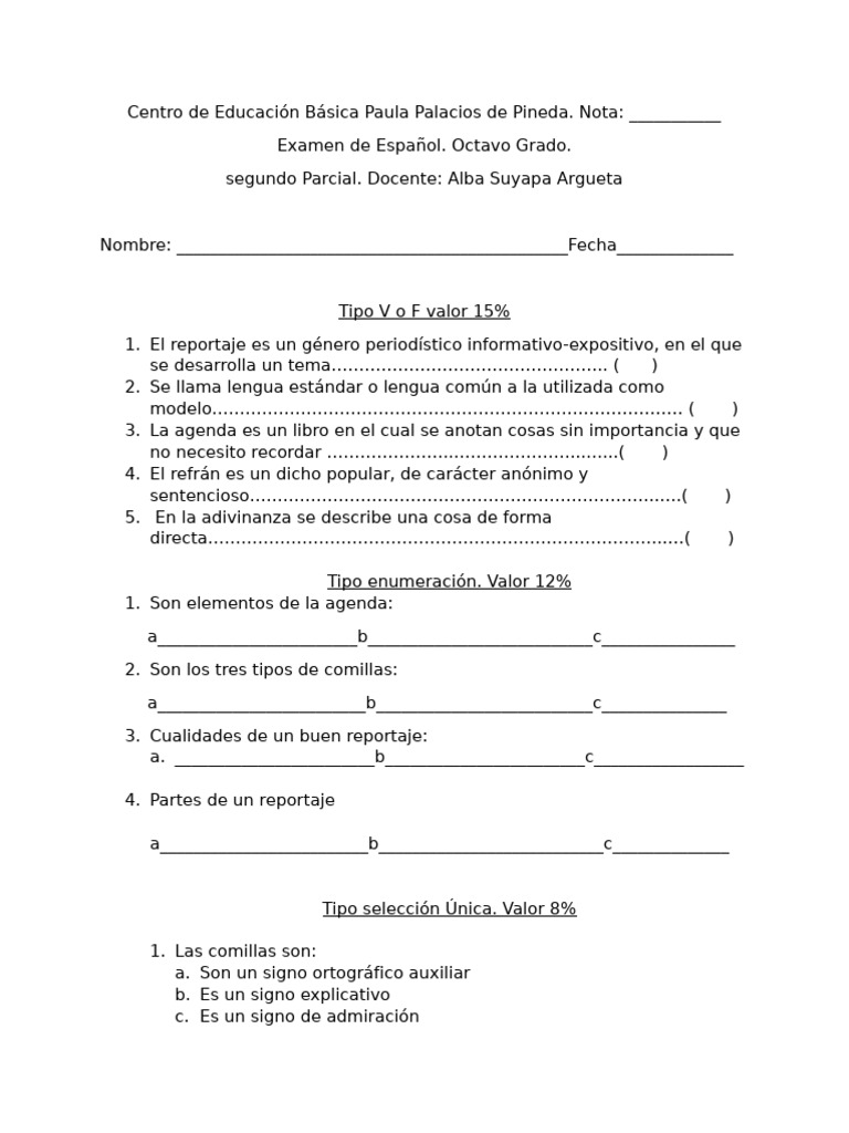 examen de español octavo grado | PDF