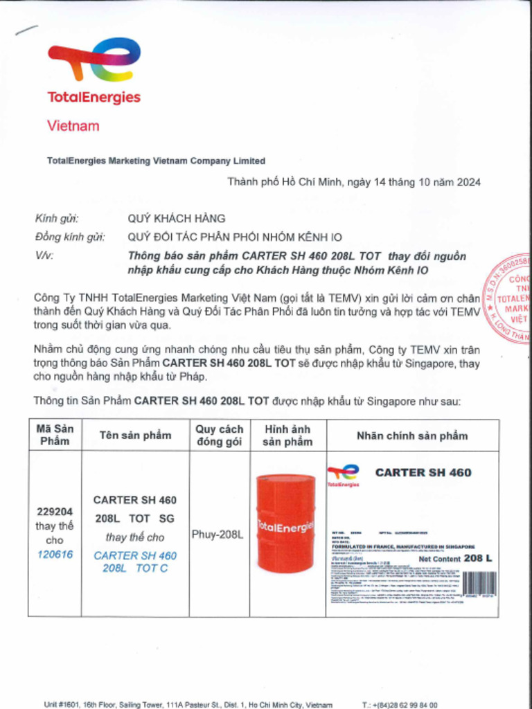 Thư Thông Báo Thay Đổi Nguồn Sản Phẩm CARTER SH 460 | PDF
