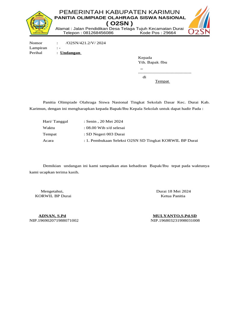 Undangan Rapat O2SN SD Kec. Durai | PDF