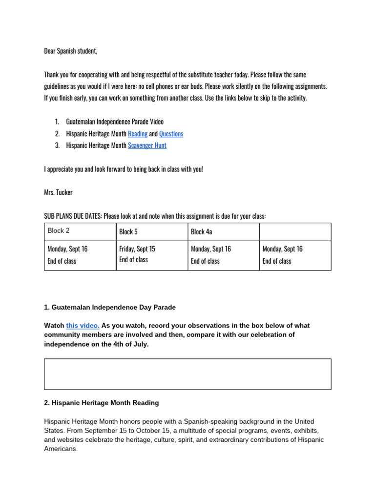 Hispanic Heritage Month (Sub Plans) | PDF | Hispanic | Hispanic And ...