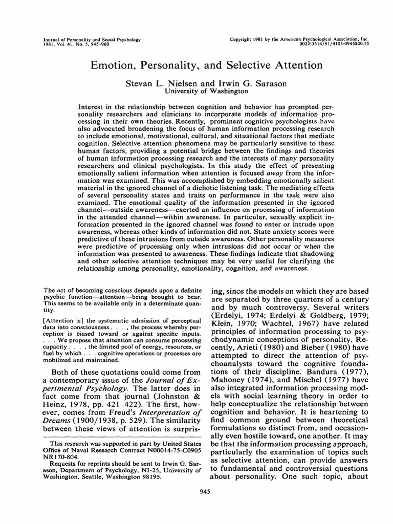 Emotion, Personality and Selective Attention | PDF | Attention | Cognition