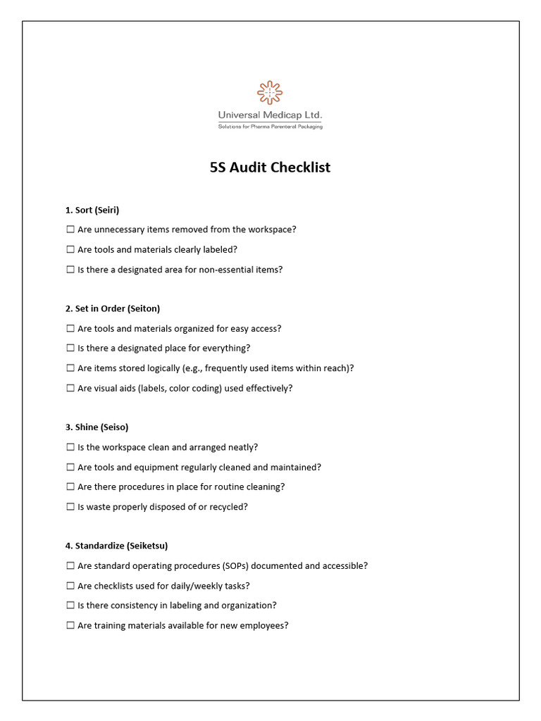 5S Audit Checklist | PDF