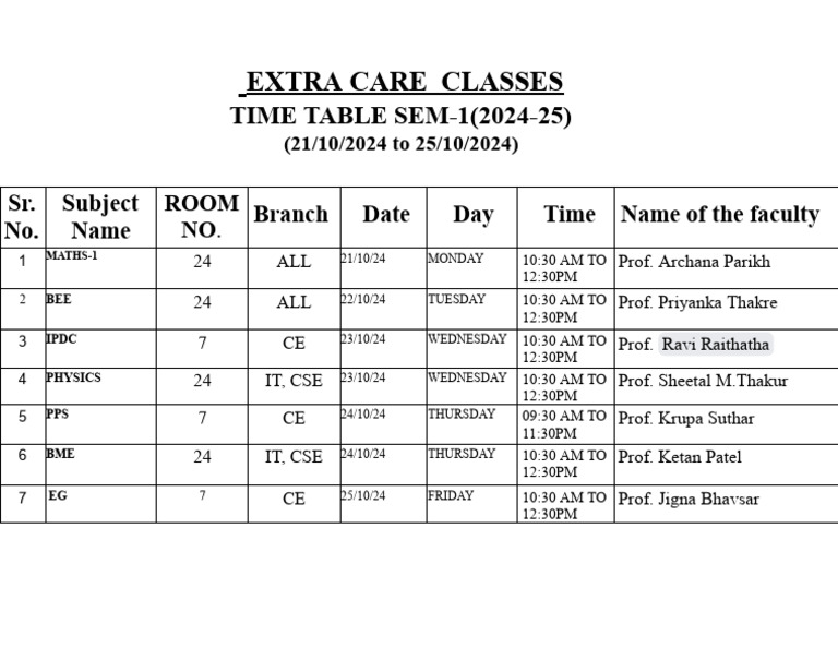 Sem-1 (2024-25) - Extra Care Classes Time Table | PDF