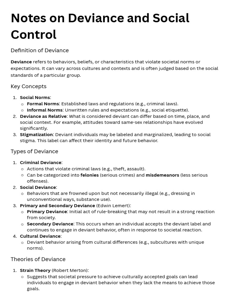 Notes On Deviance and Social Control | PDF | Deviance (Sociology ...