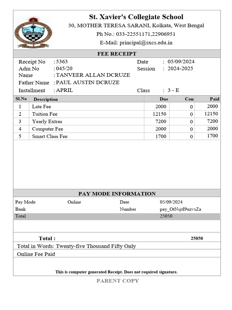 Parent Fee Receipt Print | PDF