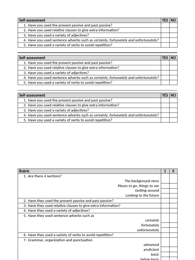 Self-assessment + Rubric | PDF | Adverb | Verb