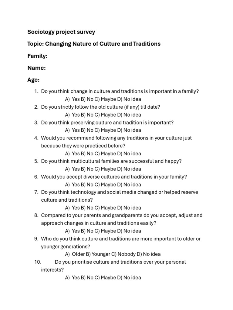 Survey on Family Culture and Traditions | PDF