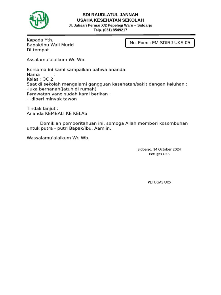 Surat Siswa Sakit Untuk Orang Tua Azqiara Riefani Adhisti | PDF