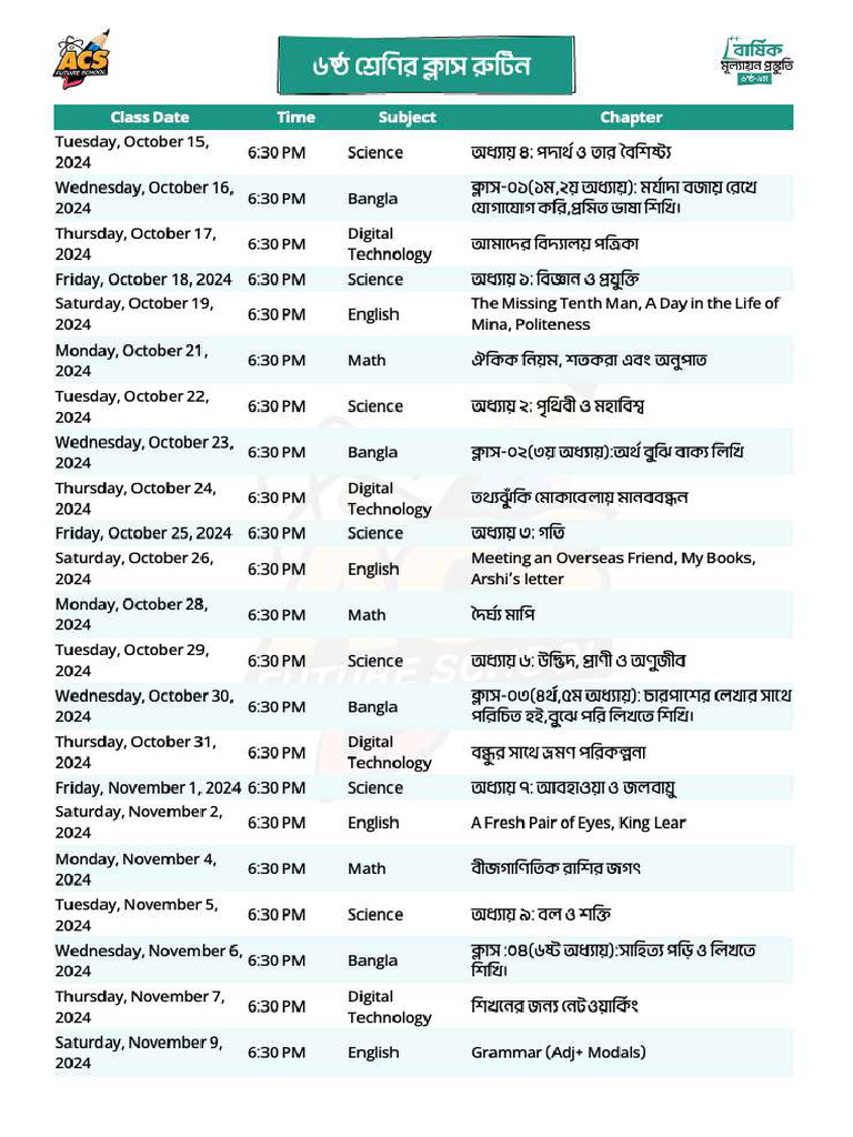 Class 6 Routine | PDF