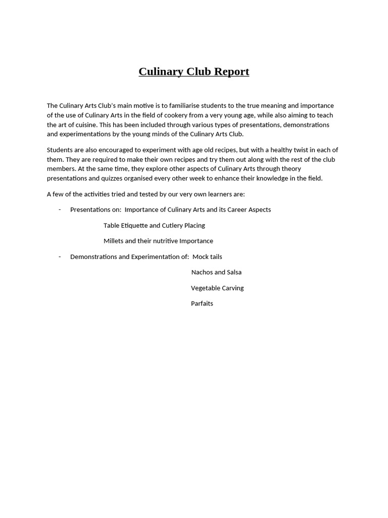Culinary Club Report | PDF