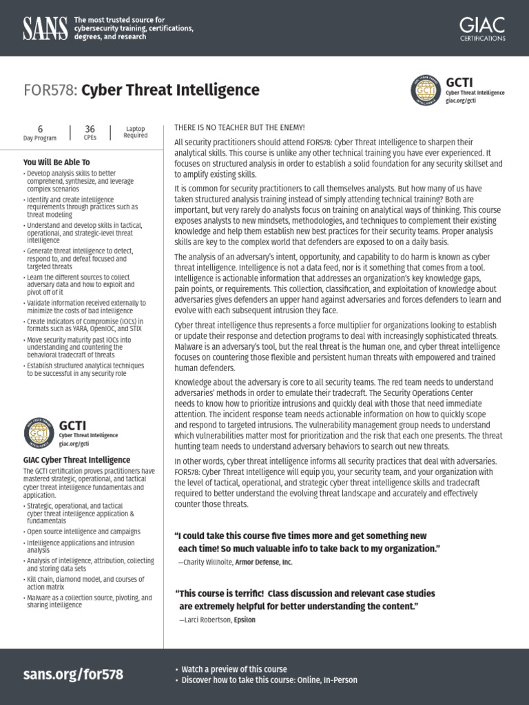 SANS Institute FOR578 Brochure-2 | PDF | Threat (Computer) | Computer ...