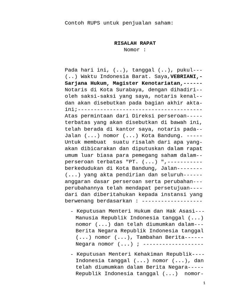 Contoh RUPS Untuk Penjualan Saham | PDF