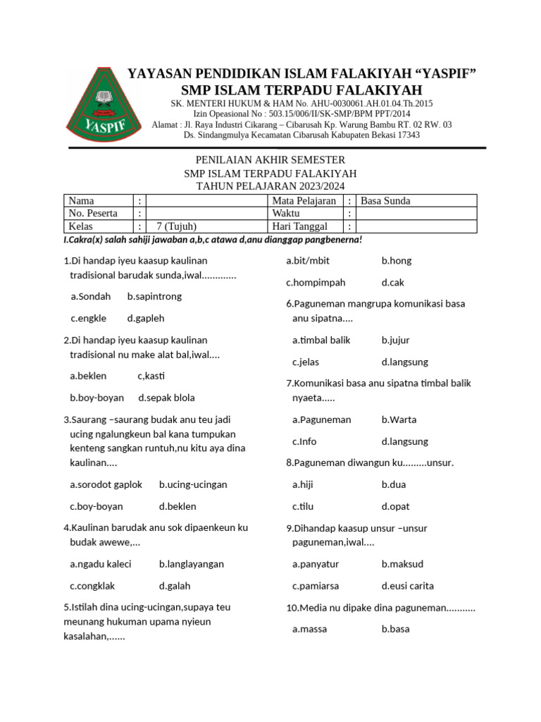 Soal Basa Sunda Kls 7 (Autosaved) | PDF
