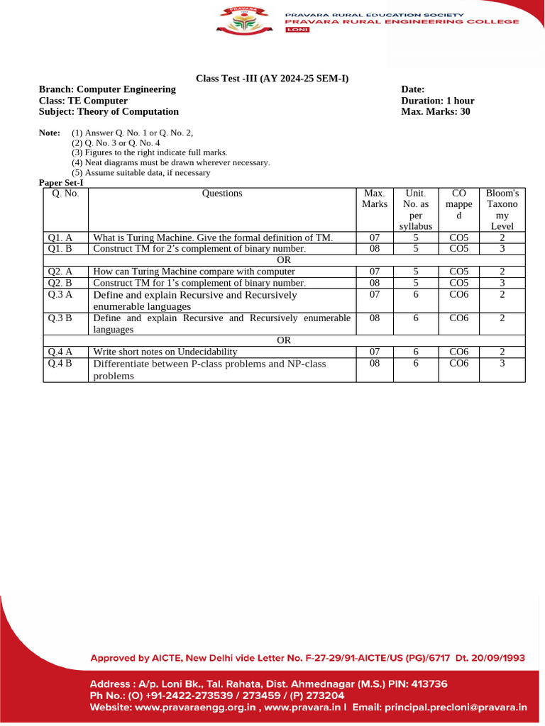 Class Test-III TOC-2024-25-Sem-I - QP-I | PDF | Computers | Technology ...