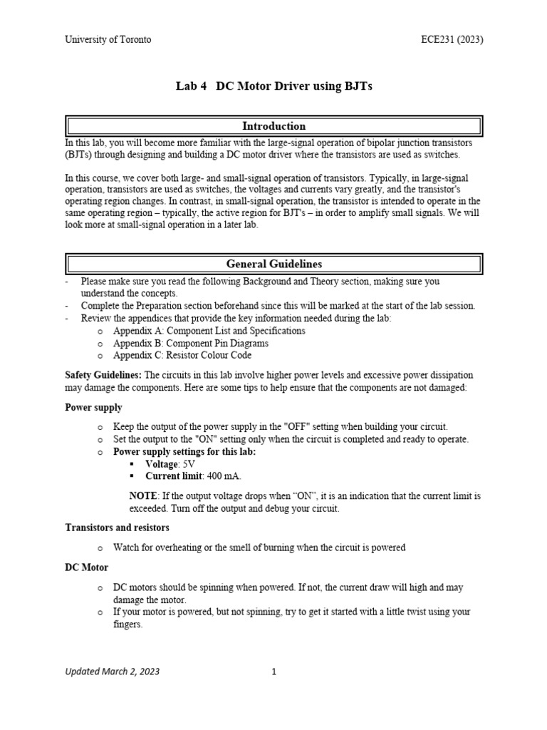 ECE231 Lab4 20231 | PDF | Electric Motor | Bipolar Junction Transistor