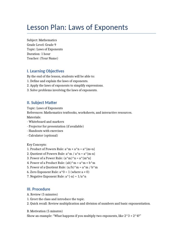 Lesson Plan Laws of Exponents Grade9 | PDF