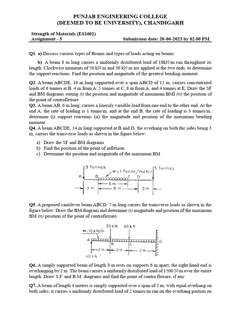 Assignment 3 (Strength of Materials) - SF and BM | PDF | Bending | Beam ...