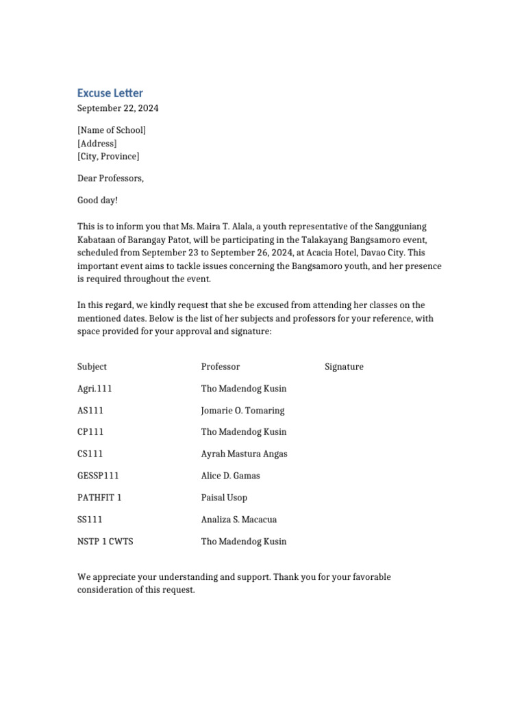 Excuse Letter for Event Participation | PDF
