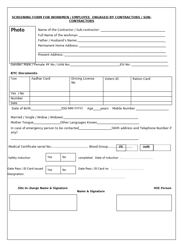 Screening Form Employee and Workmen | PDF