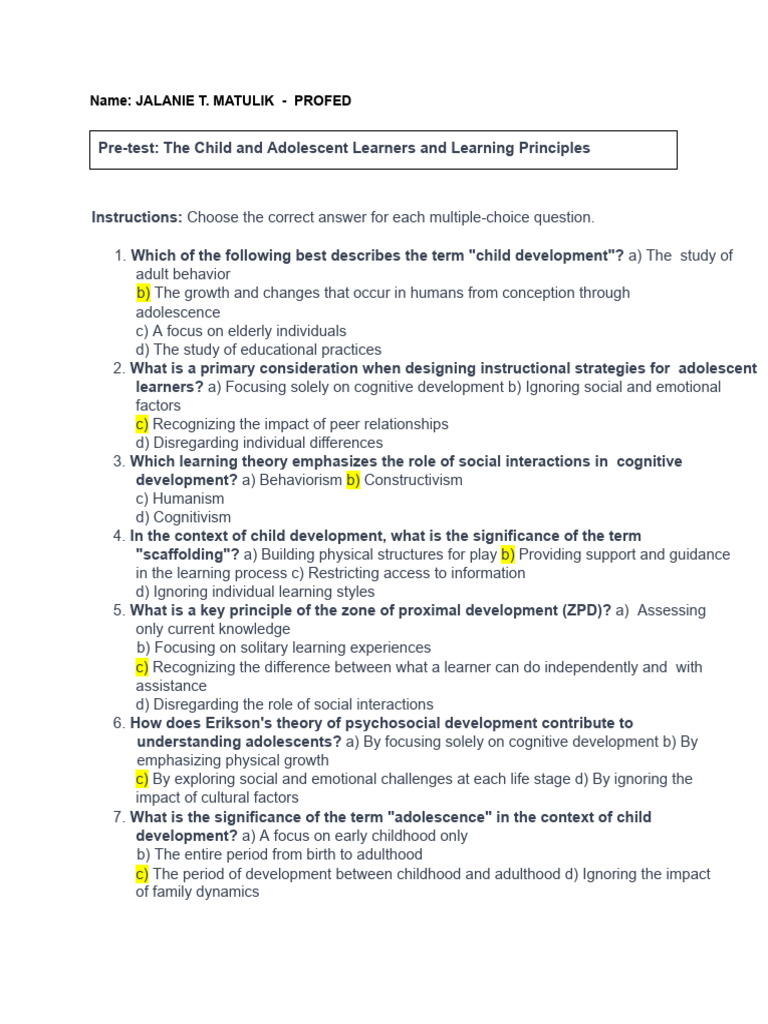 PRE-TEST- EDUC 100 | PDF | Learning | Adolescence
