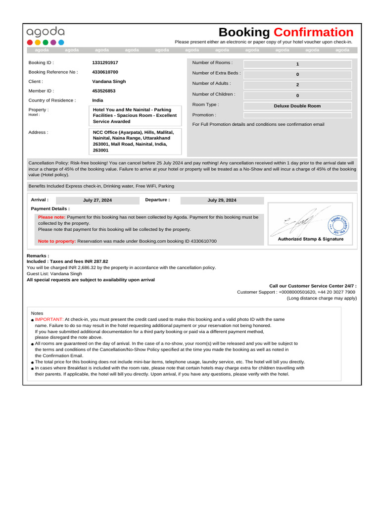 Confirmation For Booking ID # 1331291917 | PDF | Payments