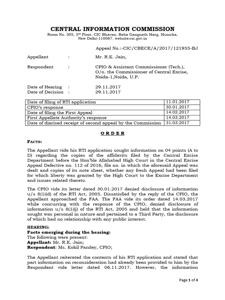 RTI Appeal Decision on Central Excise Case | PDF | Discovery (Law) | Appeal