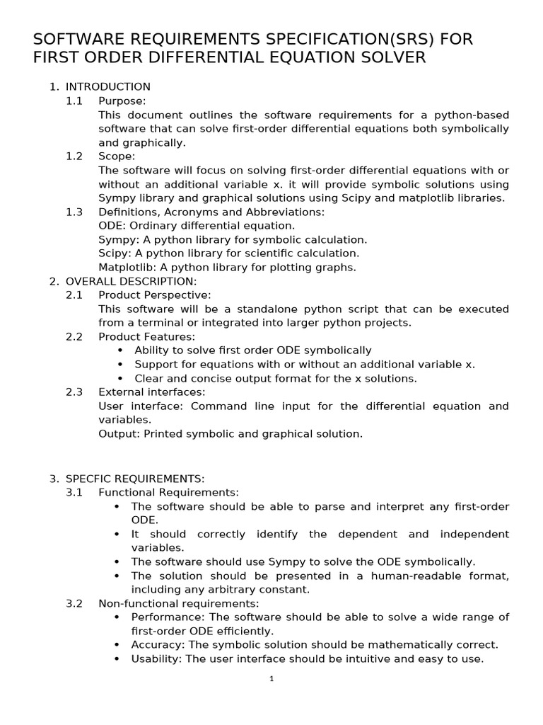 Srs Document Pdf Ordinary Differential Equation Python Programming Language