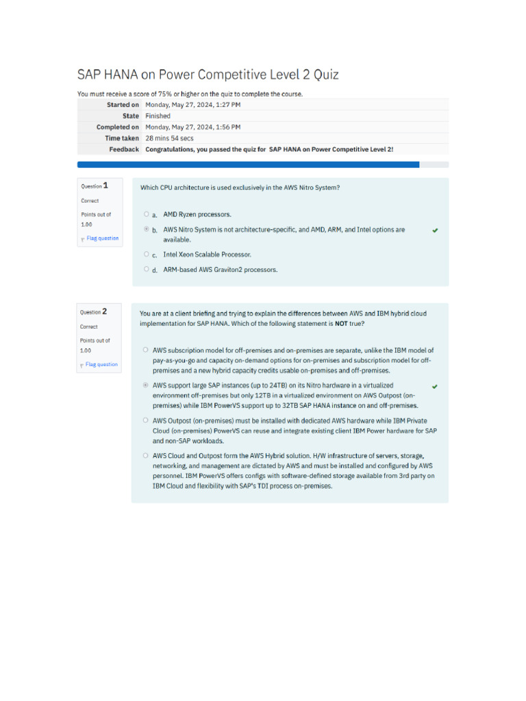 SAP HANA on Power Competitive Level 2 Quiz | PDF