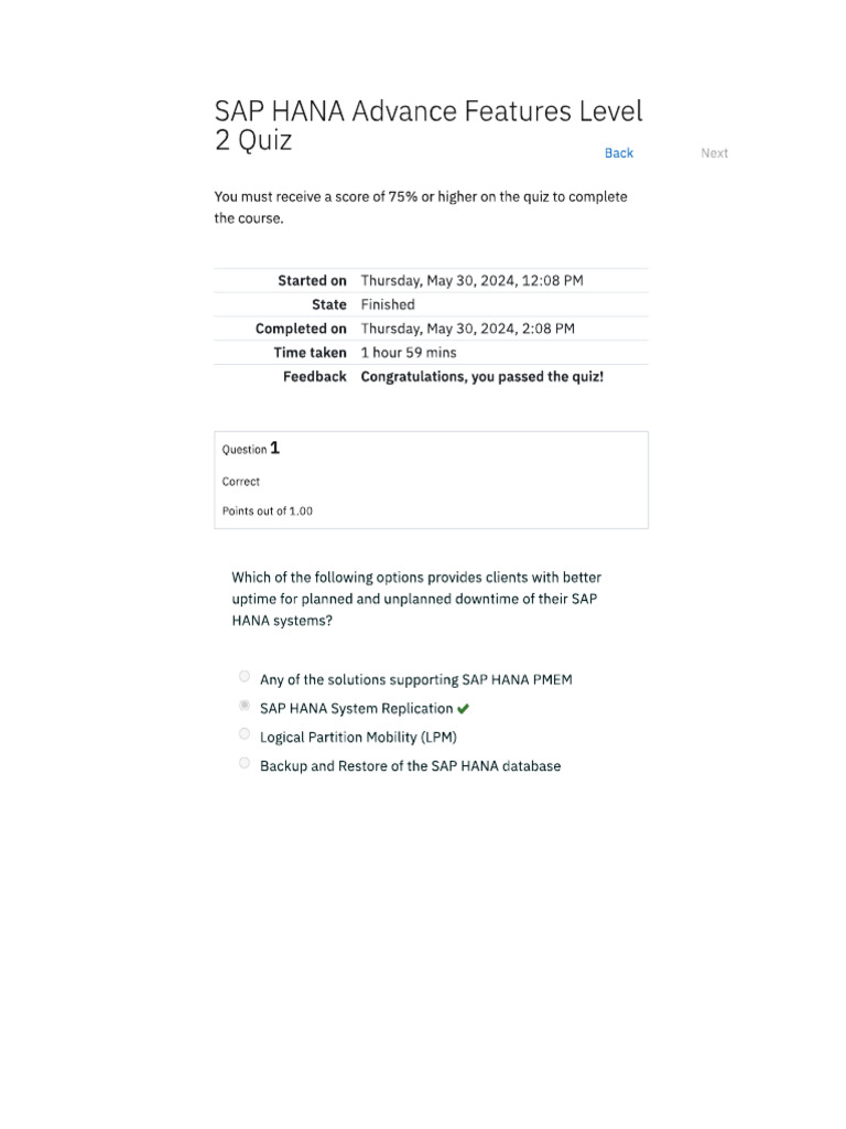 SAP HANA Advance Features Level 2 Quiz | PDF