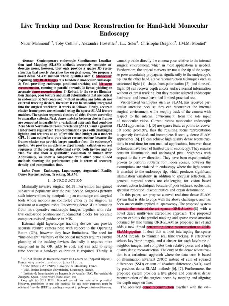 Mahmoud Et Al - 2019 - Live Tracking and Dense Reconstruction For Handheld Monocular Endos | PDF ...