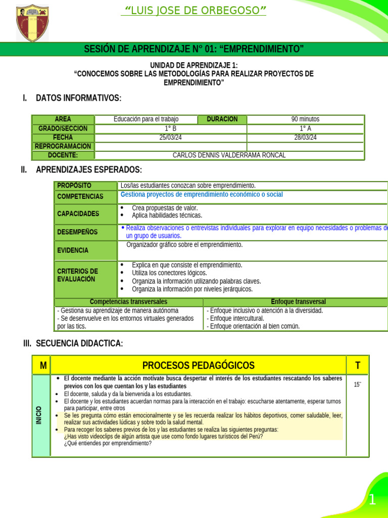 1º Ept-Ses.1 - Uni 1 - Sem 01 | PDF | Iniciativa empresarial | Aprendizaje