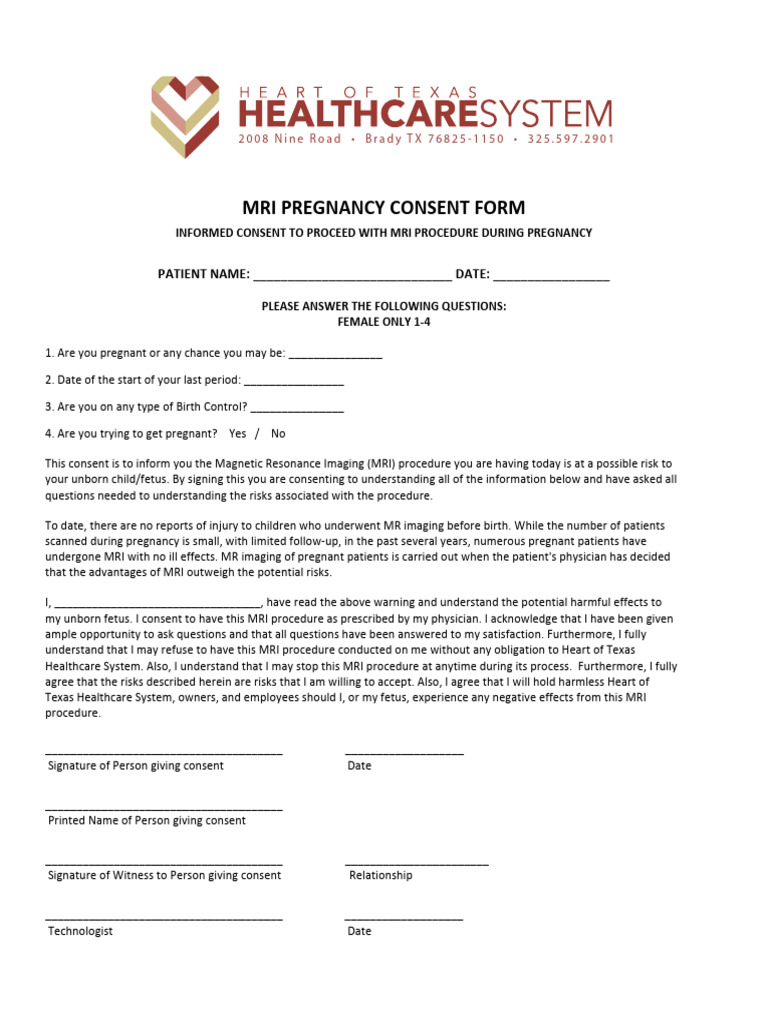 Mr i Pregnancy Consent | PDF | Pregnancy | Magnetic Resonance Imaging