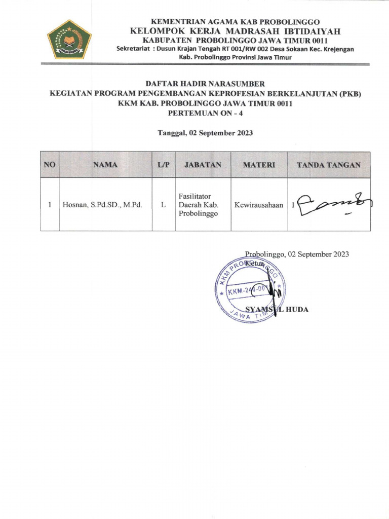 Daftar Hadir Narasumber - Hosnan - 02 Sept | PDF