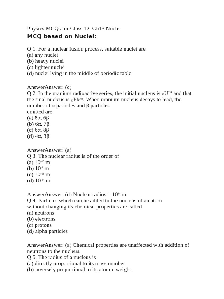 Physics MCQs For Class 12 Ch13 Nuclei | PDF | Atomic Nucleus | Nuclear ...