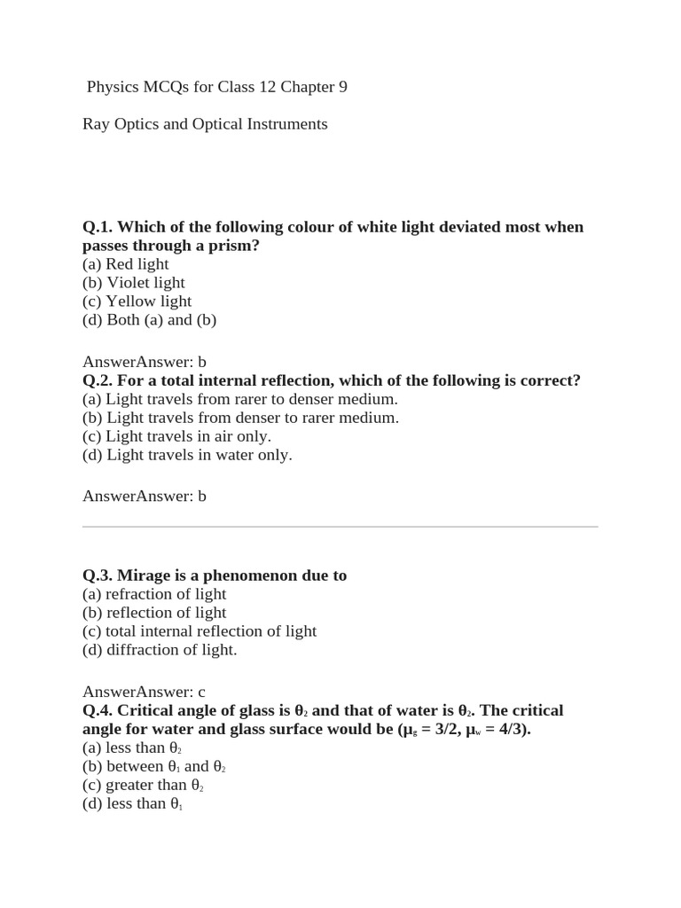 Physics MCQs For Class 12 Chapter 9 Ray Optics and Optical Instruments | PDF | Optics ...
