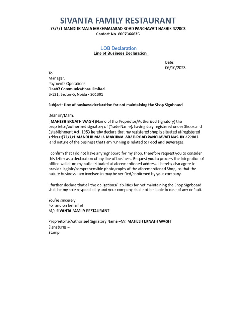 SIVANTA Line of Business Declaration | PDF