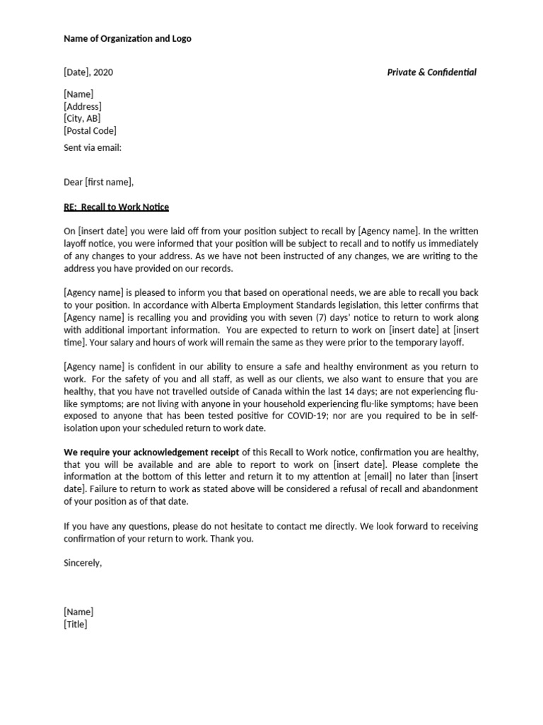 Recall Letter | PDF | Layoff
