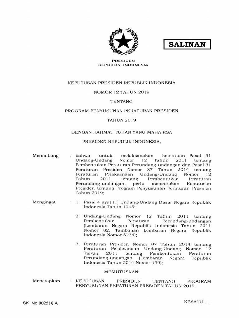 Kepres Nomor 12 Tahun 2019 | PDF