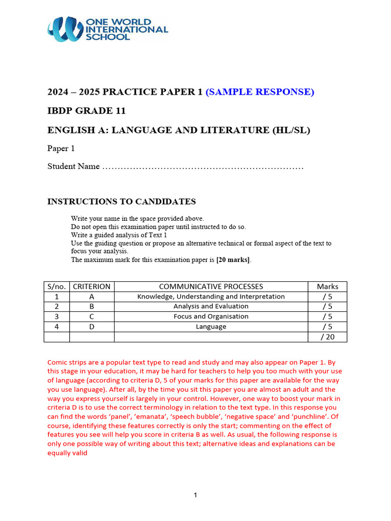 G11 Eng A Langlit Practice P1 HL SL Student Copy Sample Response Cartoon Sept 2024 | PDF ...