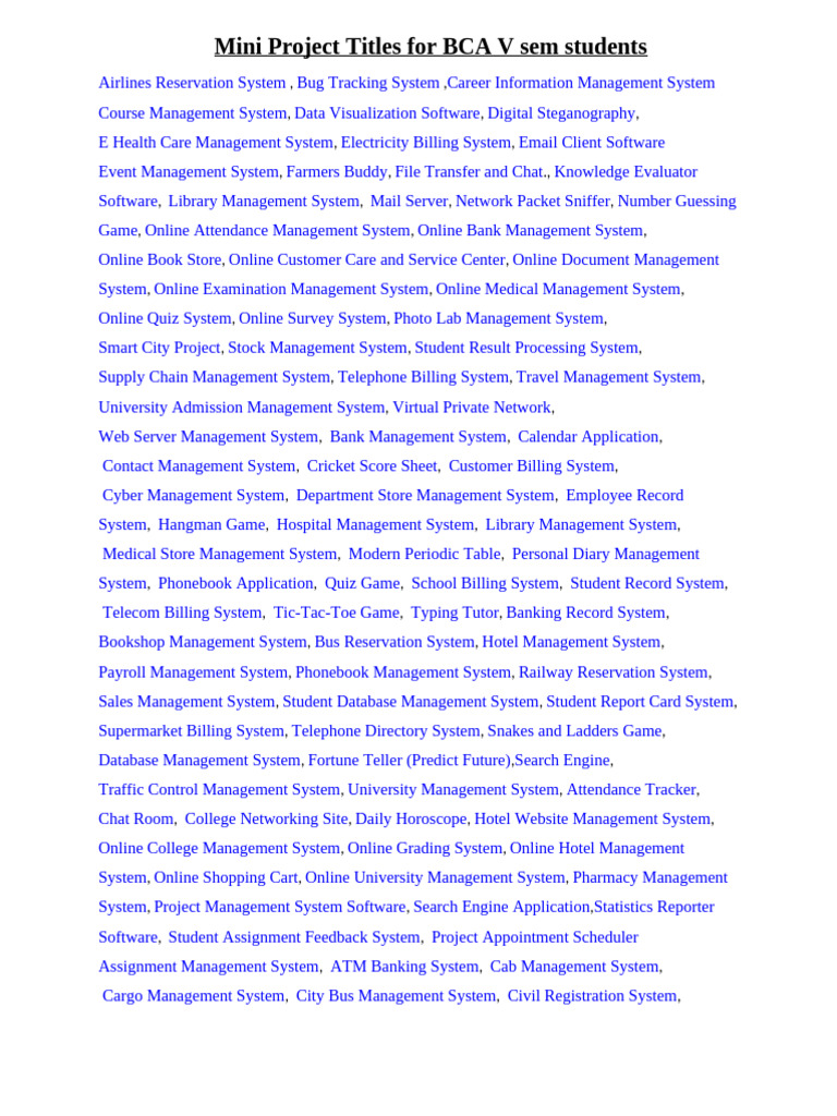 Mini Project Titles For BCA V Sem Students 2024 | PDF | Computing ...