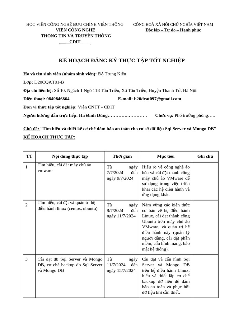 Ke Hoach Dang Ky Thuc Tap Tot Nghiep - Do Trung Kien | PDF
