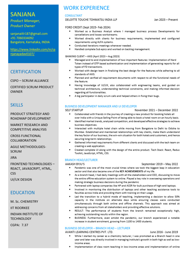 Sanjana - Resume - Deloitte - BA-PM | PDF | Scrum (Software Development) | Computing