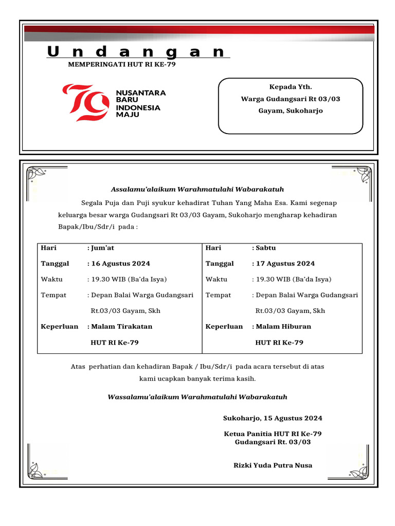 Undangan 1 LBR Format INDONESIA HUT RI | PDF