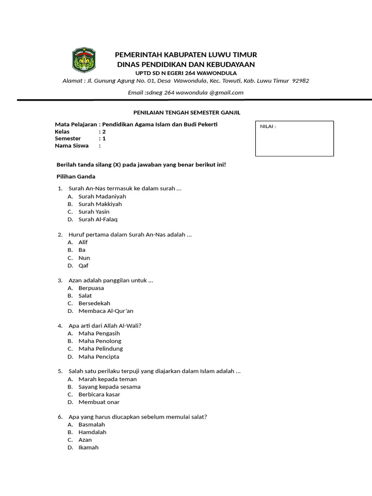 Soal PTS Agama Islam Kelas 2 SD | PDF | Agama & Spiritualitas
