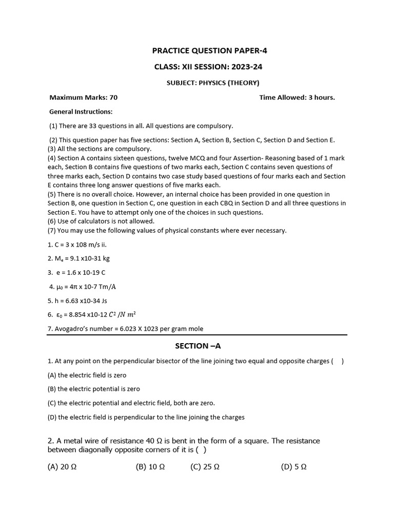 Physics Practice Question Paper 4 | PDF | Electron | Wavelength