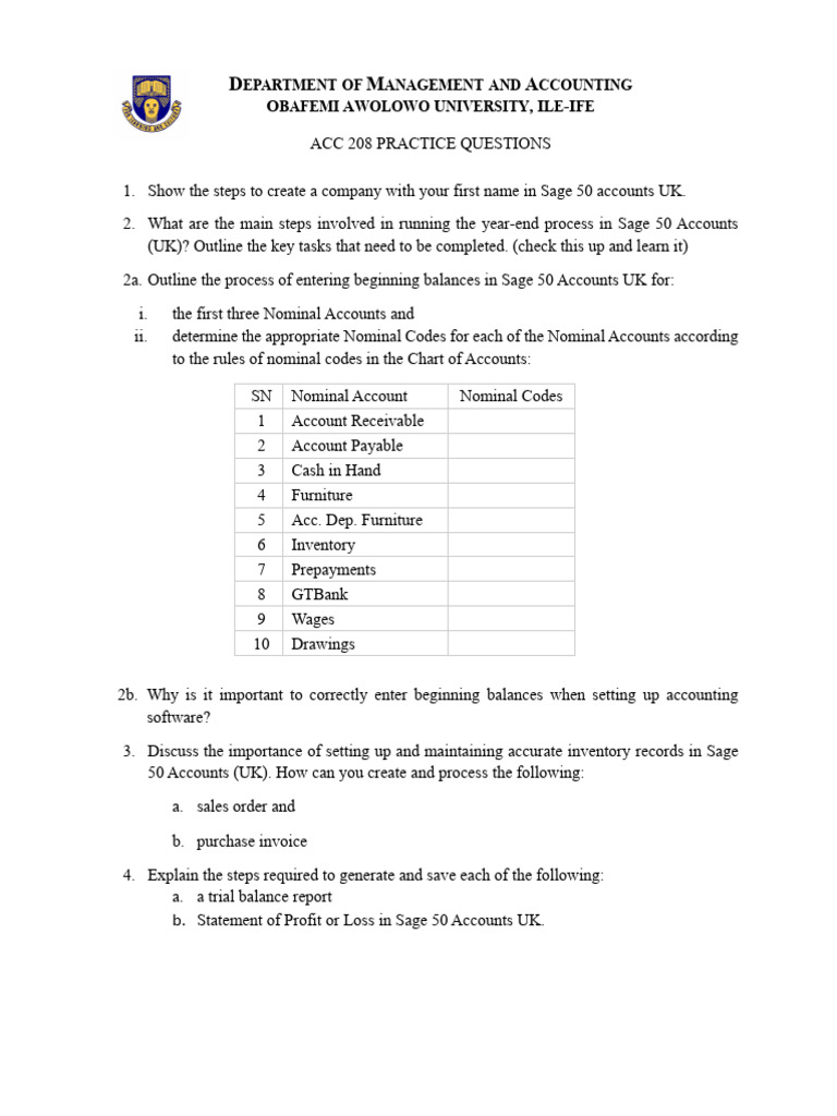 ACC 208 SAGE 50 ACCOUNTS UK - PRACTICE QUESTIONS | PDF