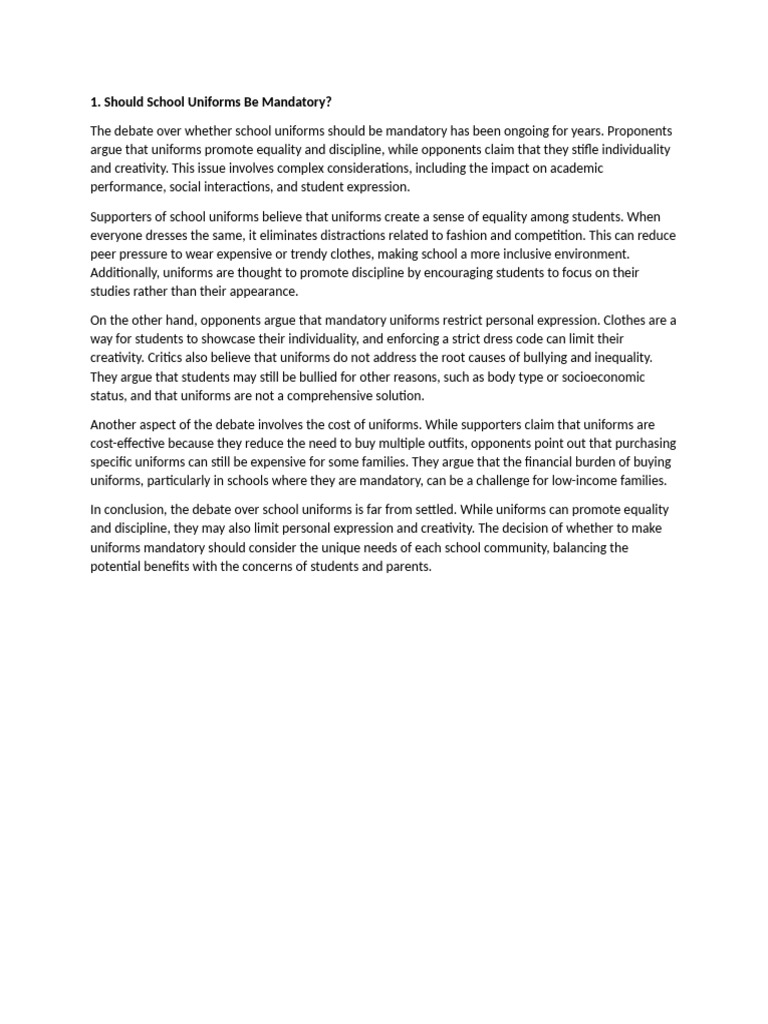 School Uniforms: Mandatory Debate | PDF | Wellness