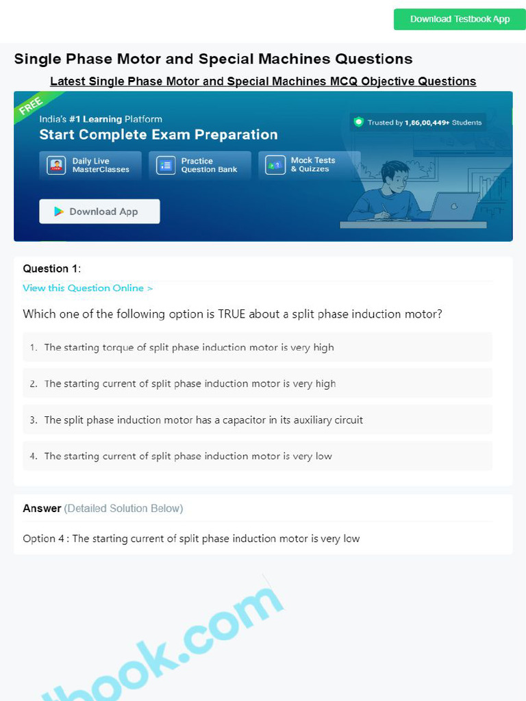 MCQ On Single Phase Motor and Special Machines 5eea6a0939140f30f369d969 | PDF