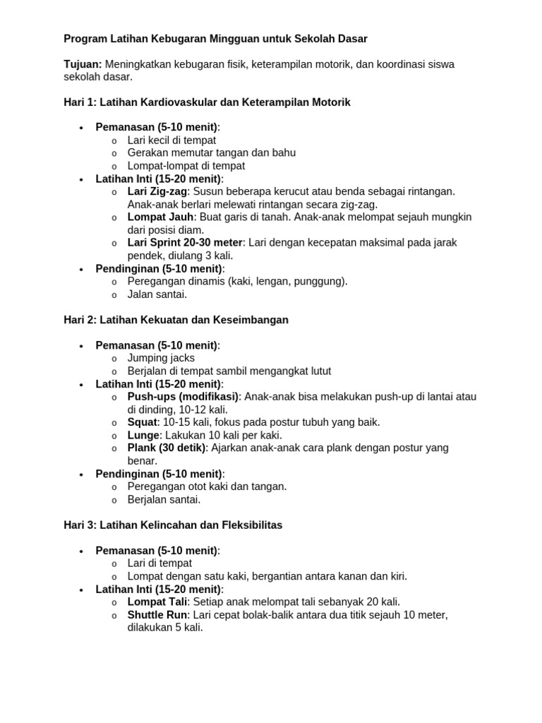 Program Latihan Kebugaran Mingguan Untuk Sekolah Dasar | PDF