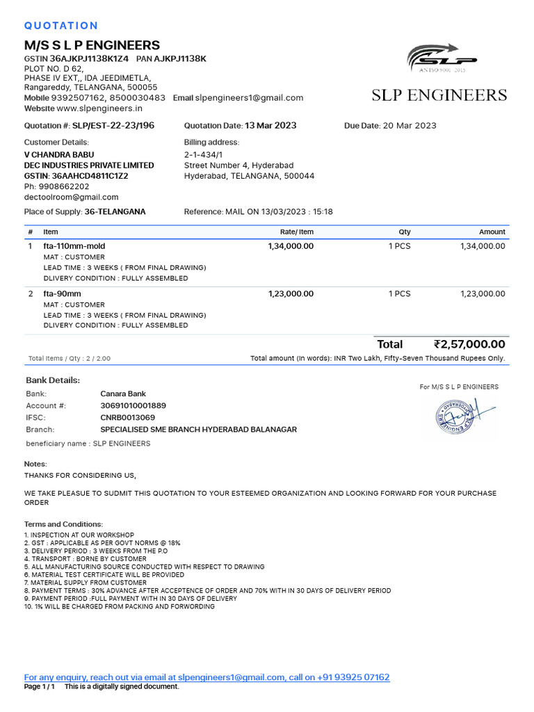 M/S S L P Engineers: Quotation | PDF | Technology & Engineering